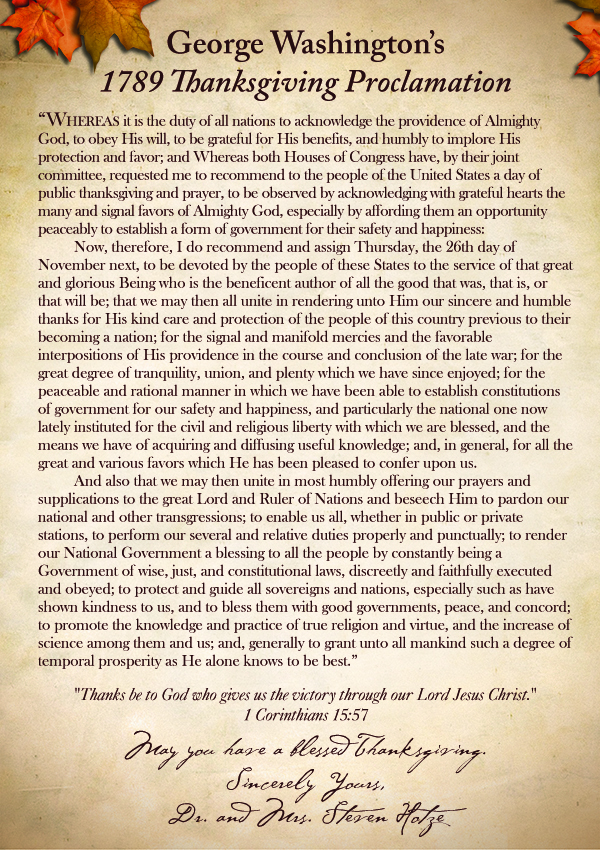 George Washington's 1789 Thanksgiving Proclamation - Hotze Health ...